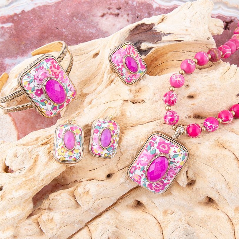 Pink Agate Stacked Stone Floral Cuff Bracelet – Zen